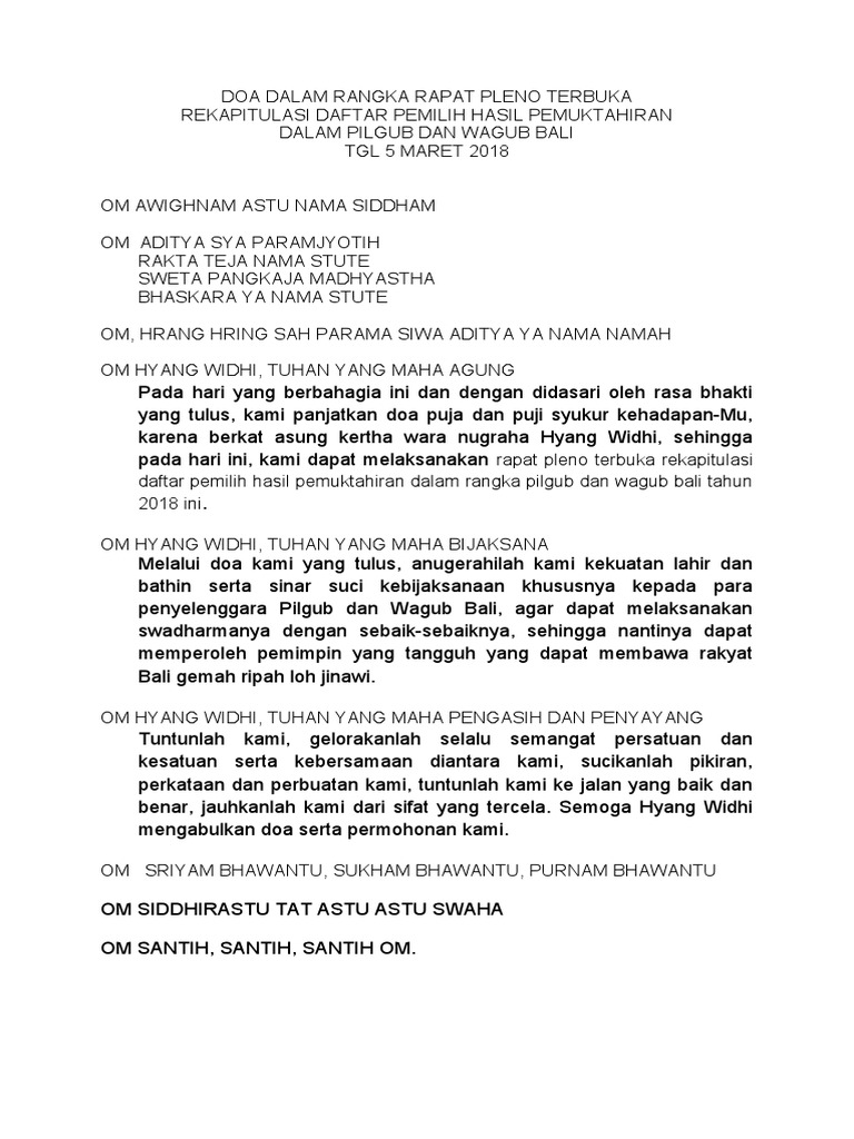 Doa Dalam Rangka Rapat Pleno PDHP Pilgub Bali | PDF