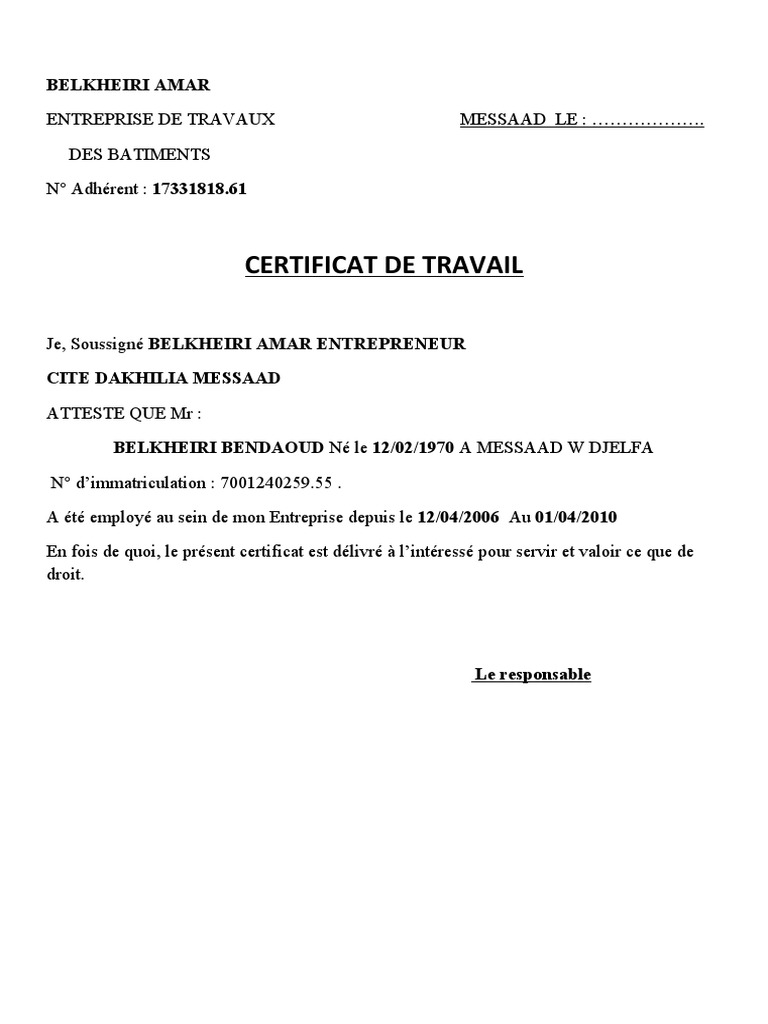 Certificat de Travail | PDF