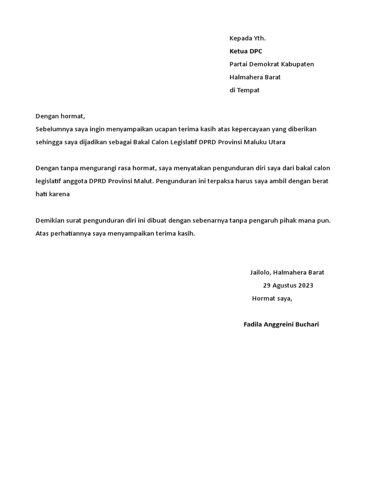 Surat Pengunduran Diri Caleg A4 | PDF