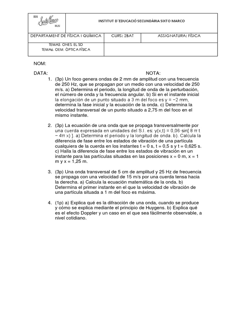 2BAT. Exm. T5+T6. Ones. Òptica Física. II 2020-2021. | PDF