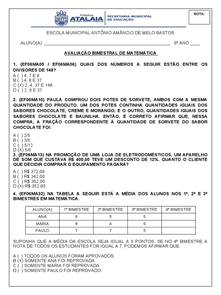 Avaliaçãomatematica 6º Ano 2 Bimestre | PDF | Geometria Elementar ...
