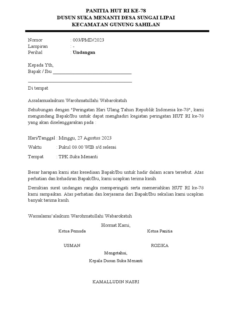 Contoh Surat Undangan Resmi Rapat Ketua RT HUT RI | PDF