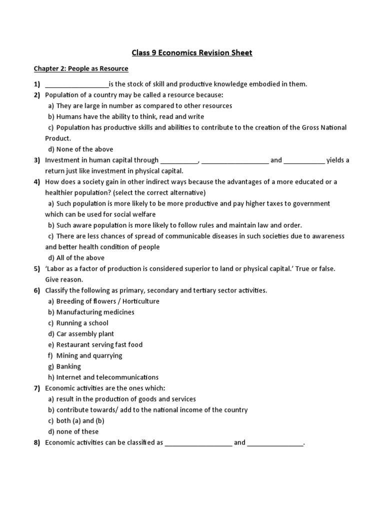 Class 9 Eco - Revision Worksheet - Chapter 1 and 2 | PDF | Agriculture ...