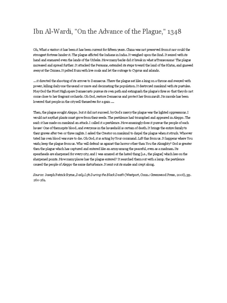 Ibn Al Wardi On The Advance of The Plague 1348 | PDF