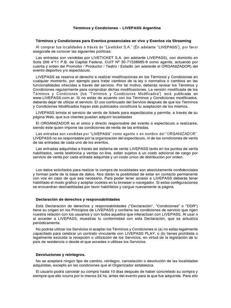 TÉRMINOS - Y - CONDICIONES - Livepass - Argentina 2021 | PDF | Streaming Media | Internet
