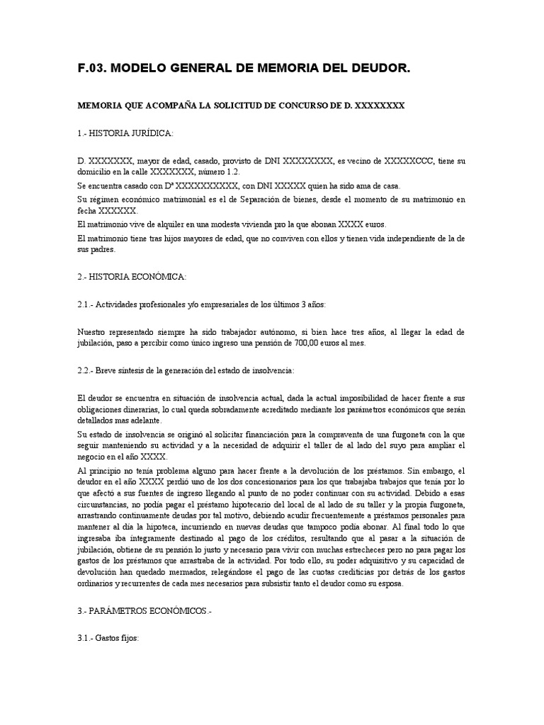 f.03. Modelo General de Memoria de La Solicitud de Concurso | PDF | Préstamo hipotecario | Business