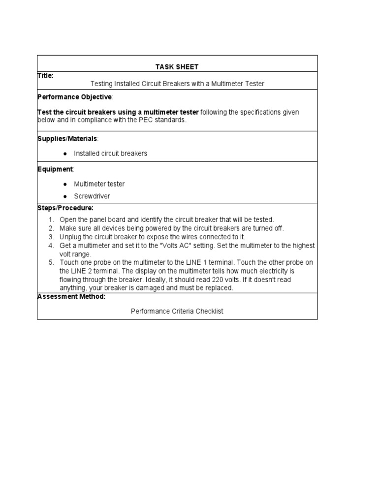 Task Sheet - Testing Installed Circuit Breakers With A Multimeter ...