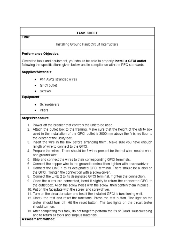 Task Sheet - Installing GFCI | PDF | Electricity | Manufactured Goods