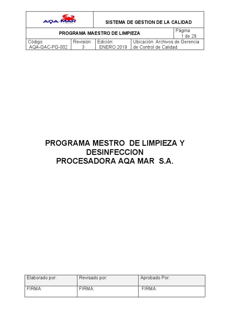 Programa Maestro de Limpieza | PDF | Agua | Detergente