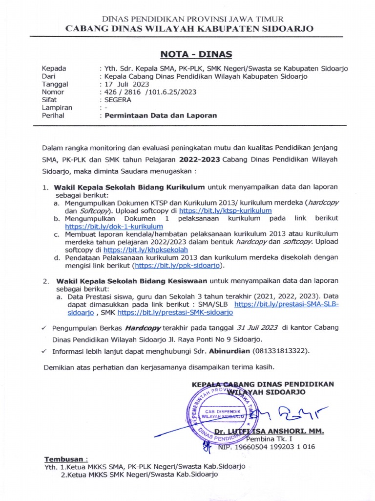 Nota Dinas Permintaan Data Dan Laporan | PDF