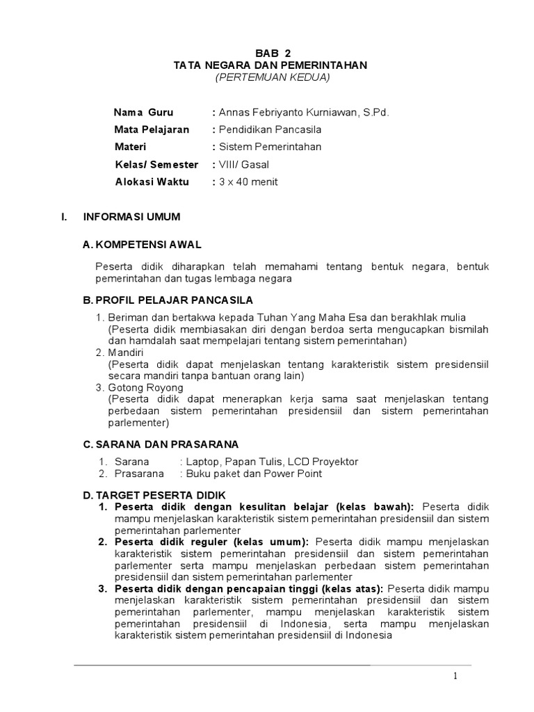 Modul Ajar Kelas VIII BAB 3 Materi 2 (Sistem Pemerintahan) | PDF