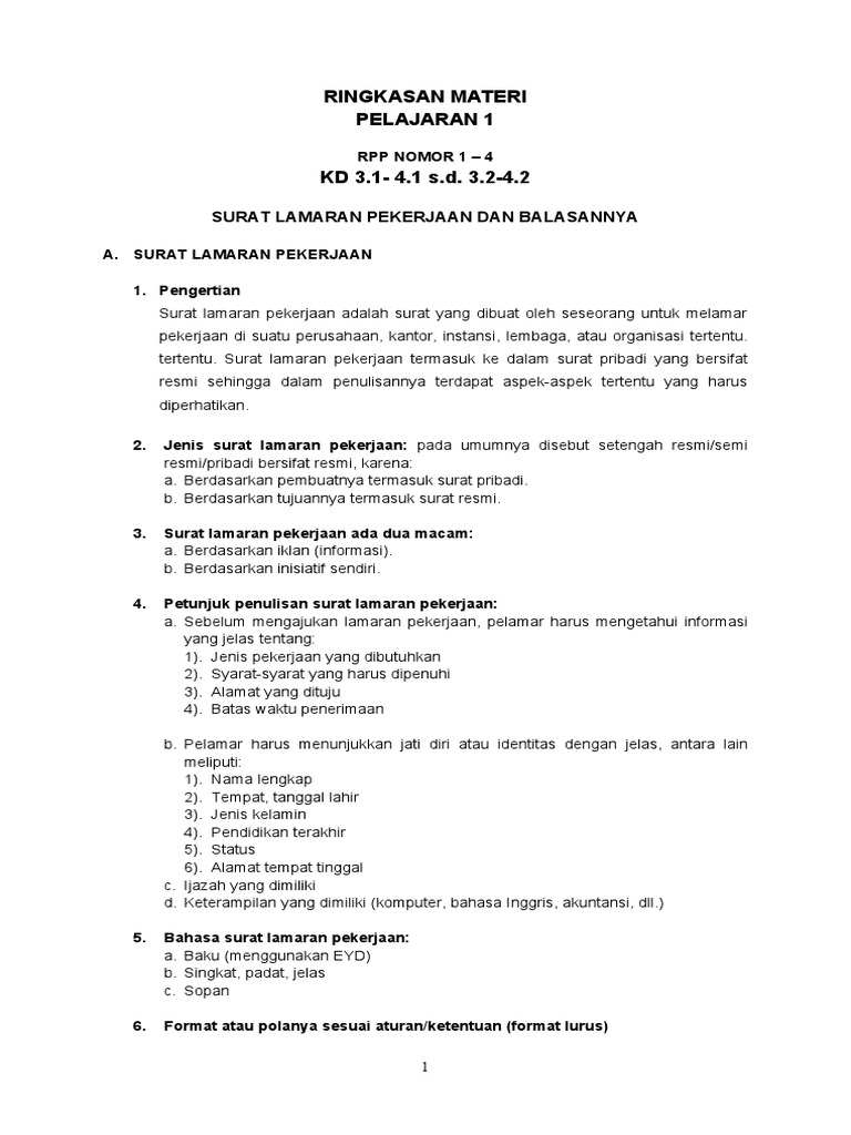 PEL. 1 KD 3.1-4.1 S.D. 3.2-4.2 SURAT LAMARAN PEKERJAAN DAN BALASANNYA | PDF