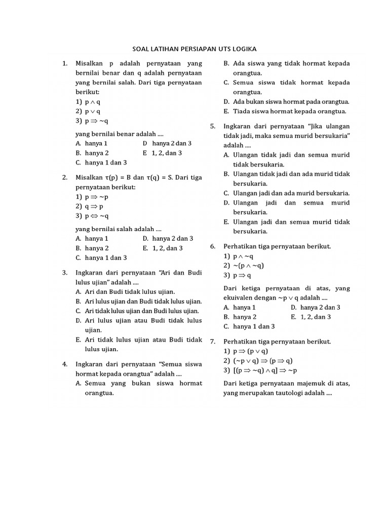 Soal Latihan Persiapan Uts Logika | PDF
