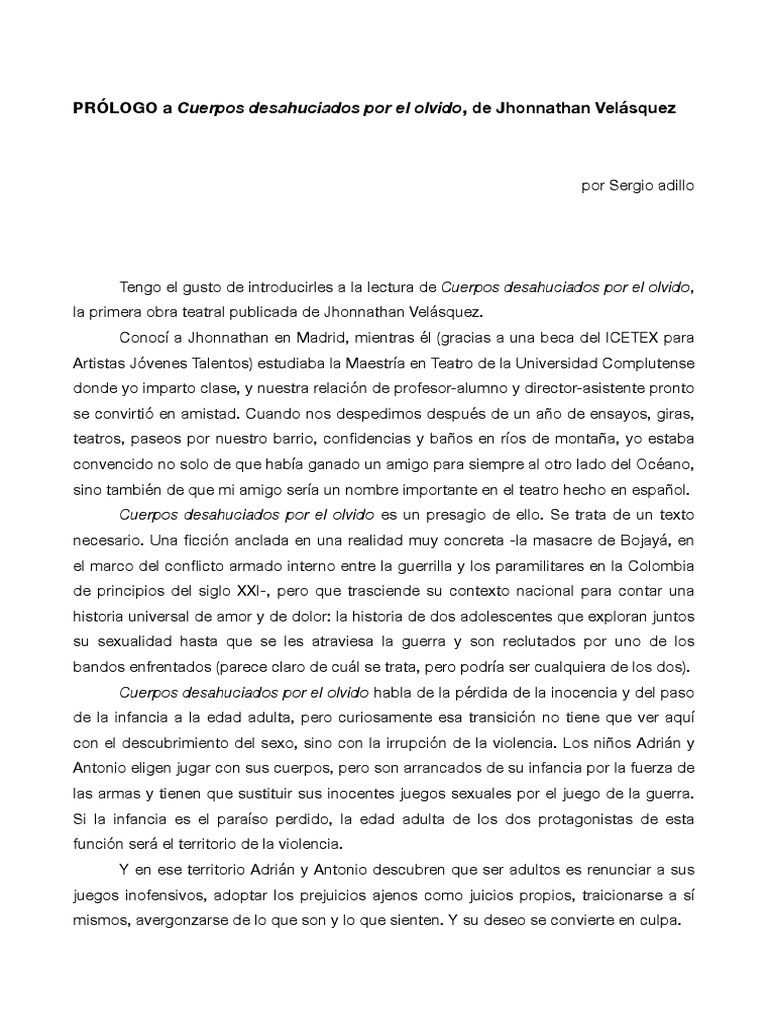 Prólogo Jonatan, Cuerpos Desahuciados Por El Olvido | PDF | Poesía