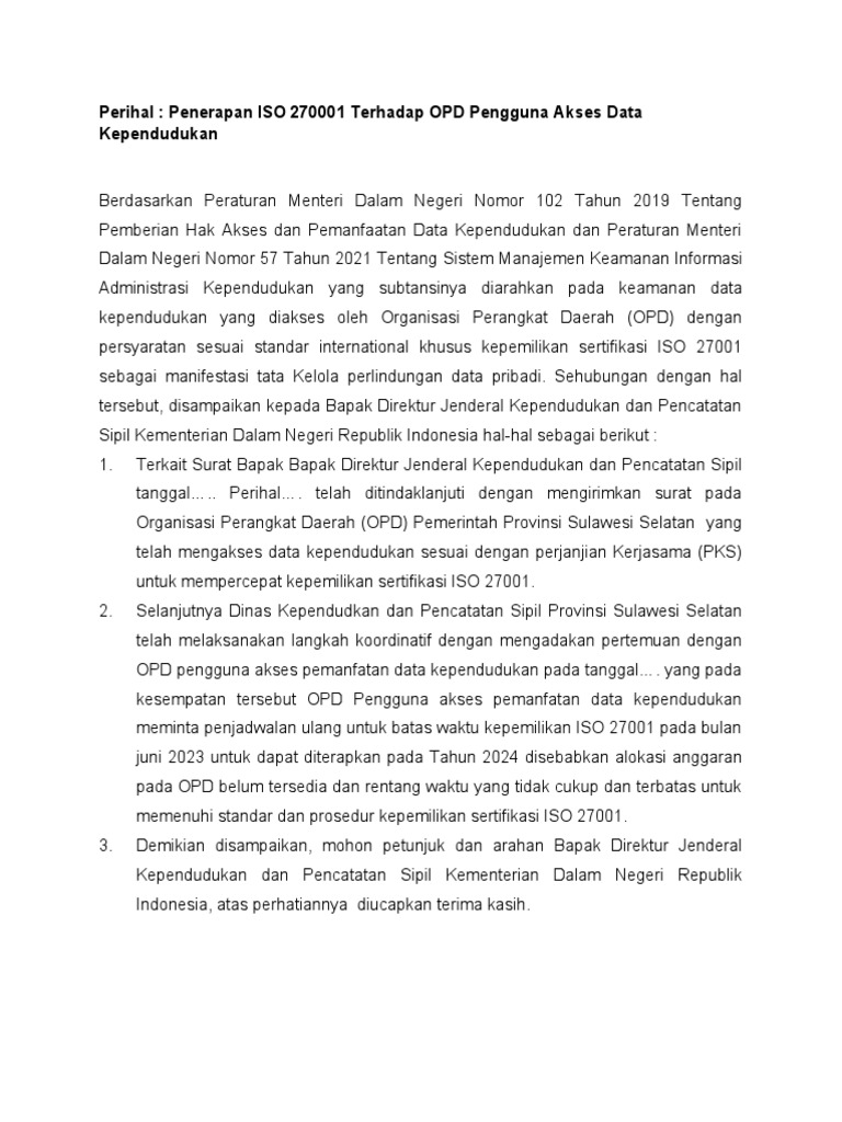 Surat Ke Ditjen Iso 27001 | PDF