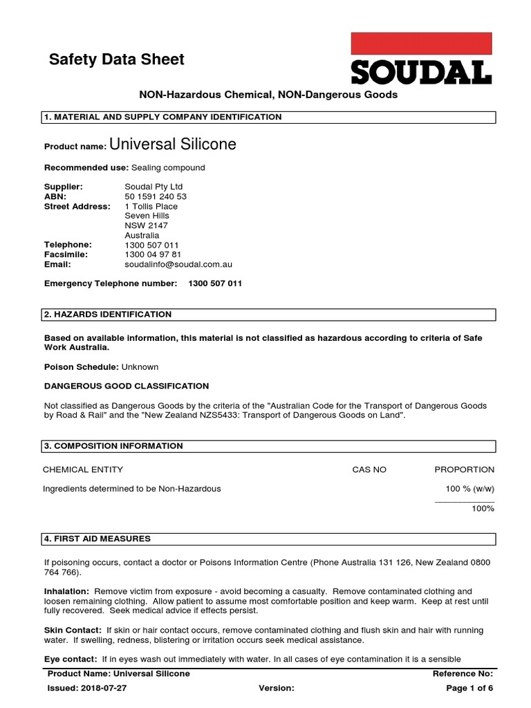 Soudal Universal Silicone Safety Data Sheet | PDF | Toxicity | Personal ...