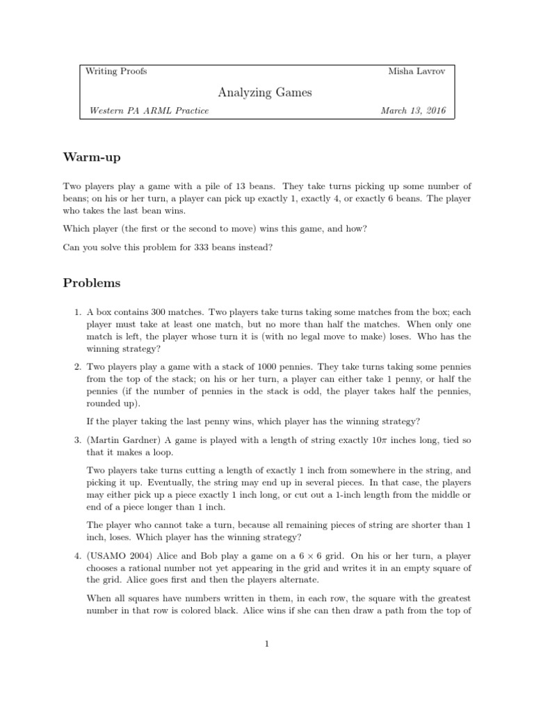 Writing Proofs - Analyzing Games - Problems - Lavrov (2015-16) | PDF ...