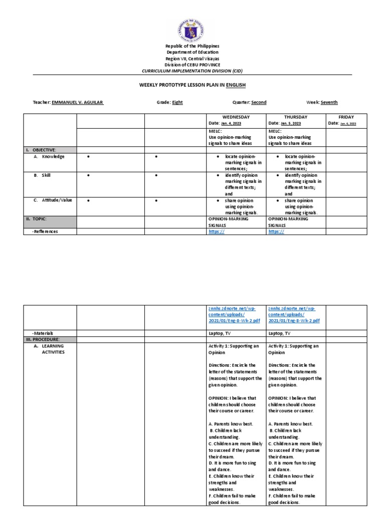 English-Weekly-Prototype-LP-Eng8-Q2-Week 7 | PDF | Rubric (Academic) | Education Theory