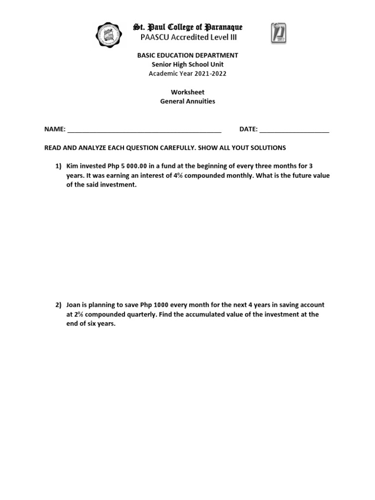 Worksheet - General Annuities | PDF