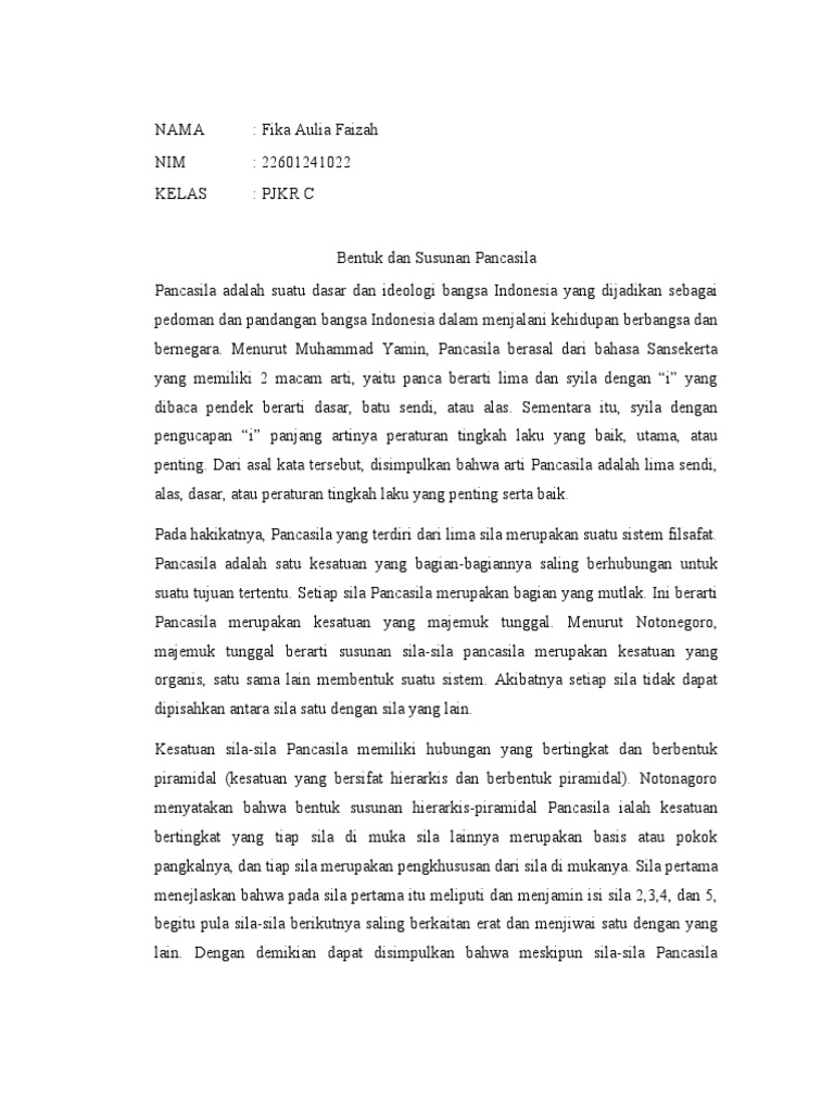 FIKA AULIA FAIZAH - 22601241022 - Essay Bentuk Dan Susunan Pancasila | PDF