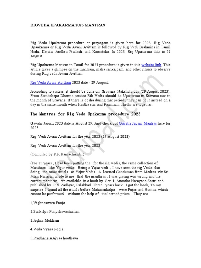 Rig Veda Upakarma 2023 Mantras | PDF | Vedas | Mantra