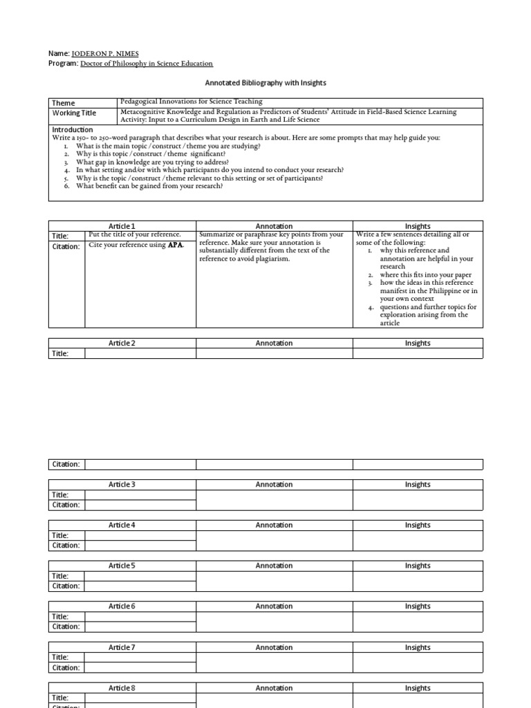Annotated Bibliography Template With Instructions | PDF