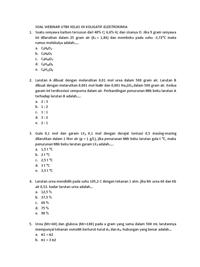 Latihan Soal Kimia Kelas XII Sifat Koligatif-Elektrokimia | PDF