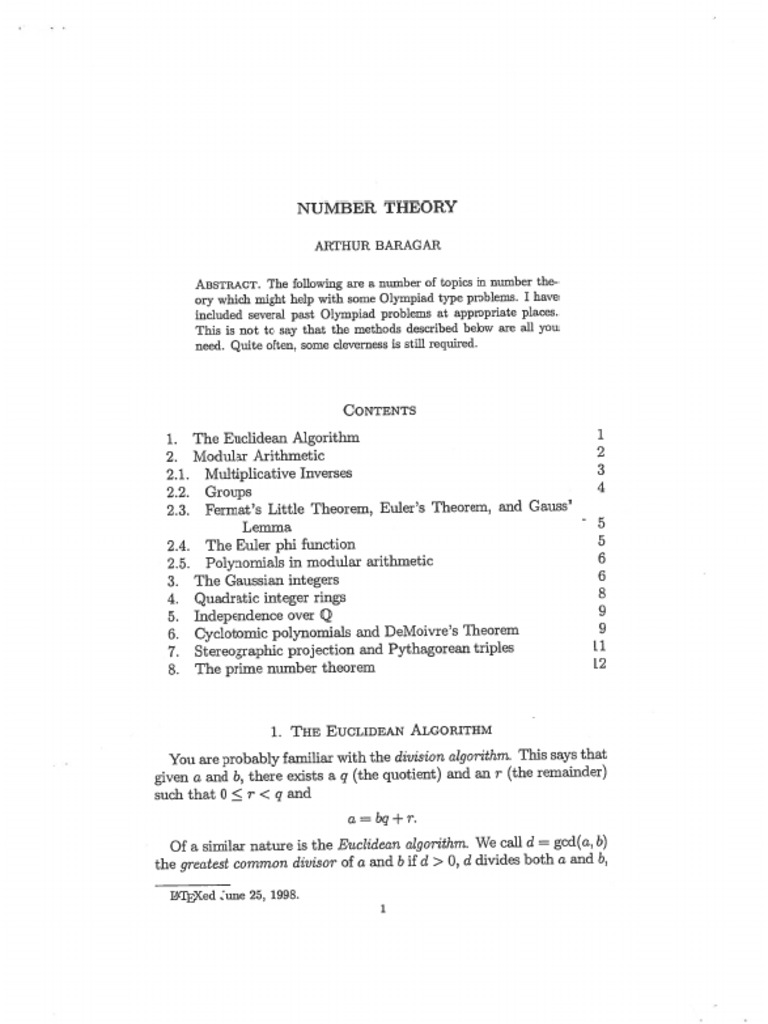 NumberTheory ArthurBaragar 1998summer | PDF