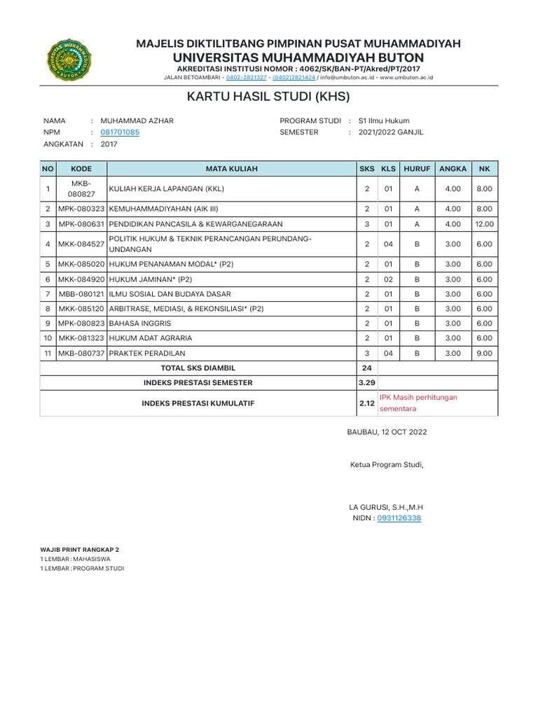 Kartu Hasil Studi (KHS) : Universitas Muhammadiyah Buton | PDF