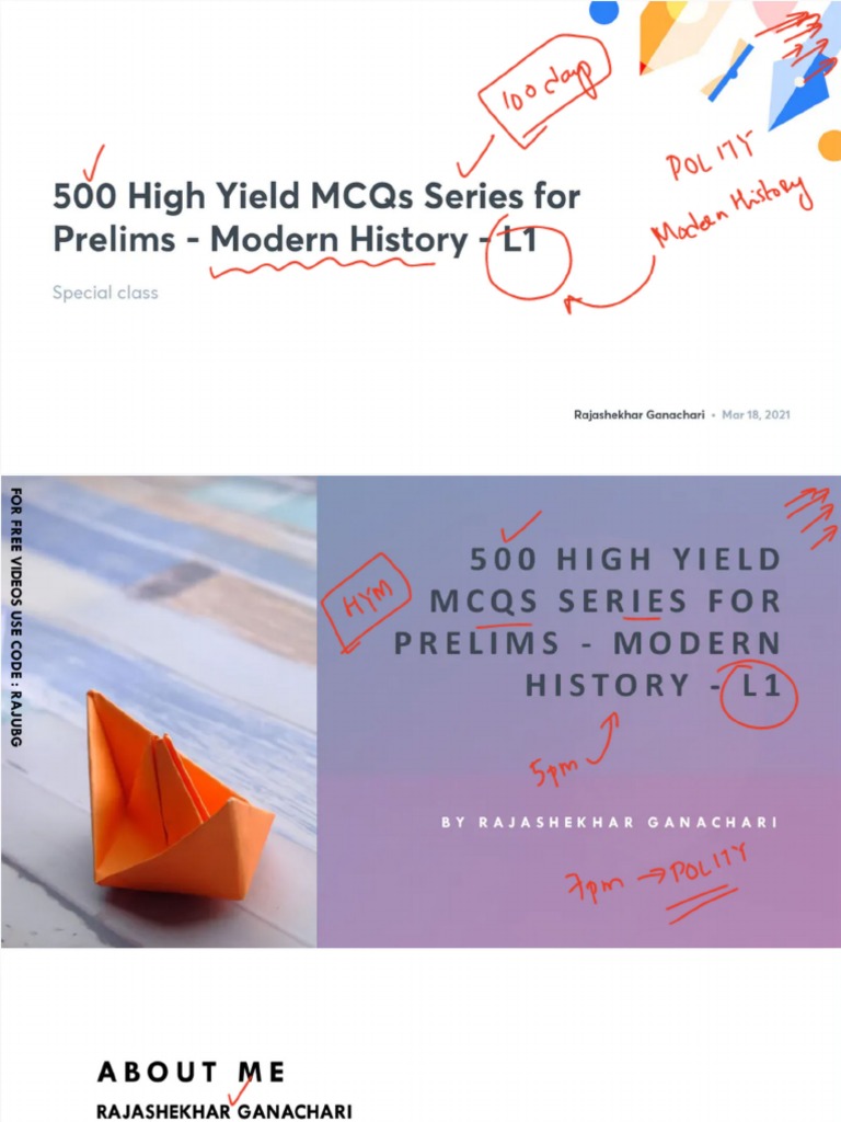 500 High Yield MCQs Series For Prelims Modern History L1 With Anno | PDF