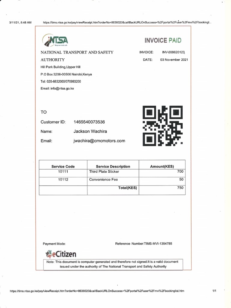 Receipt NTSA 1 | PDF