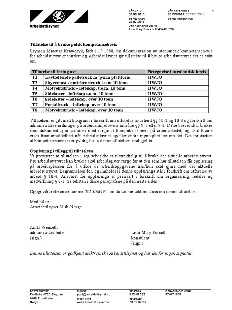 Tillatelse Til Å Bruke Polsk Kompetansebevis - 2 | PDF