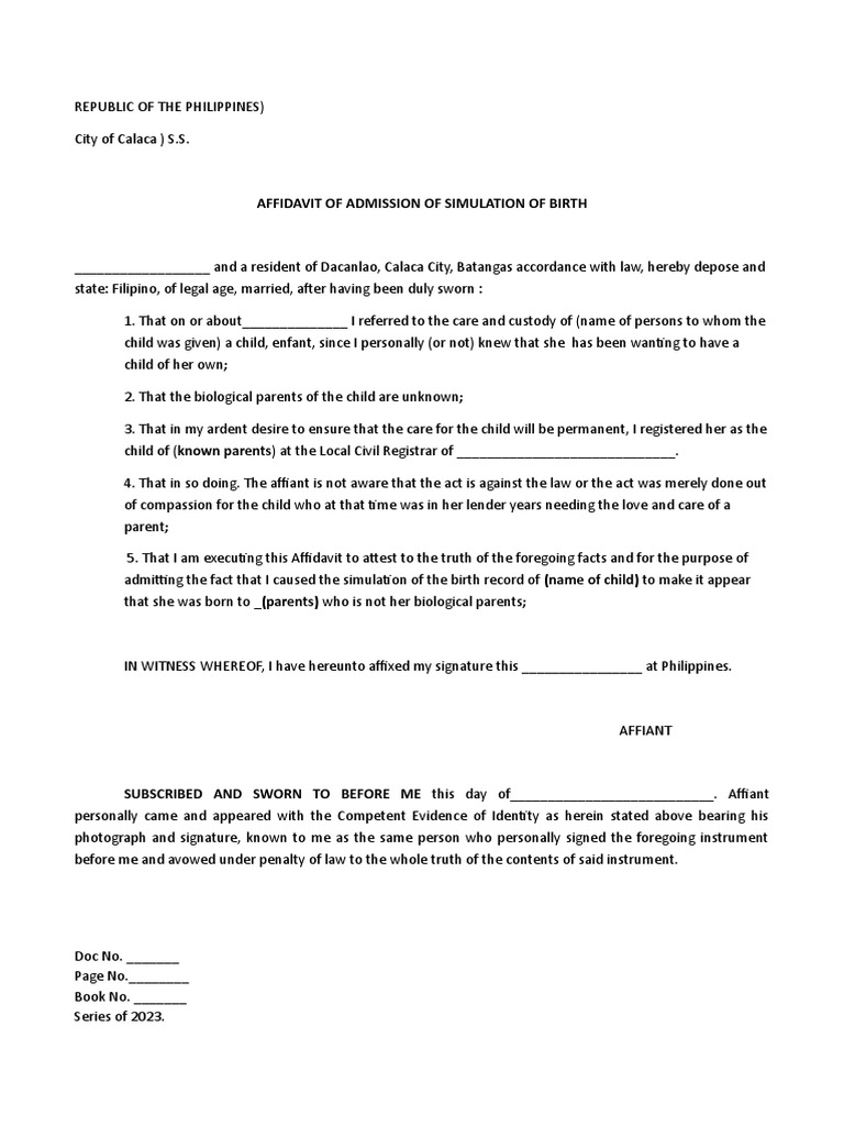 Affidavit of Admission of Simulation of Birth | PDF
