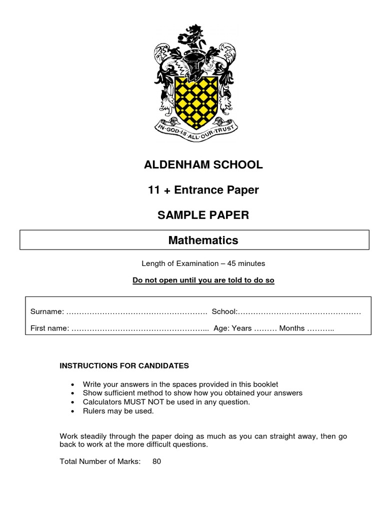 Aldenham School 11 Plus Maths Sample Paper 2015 | PDF
