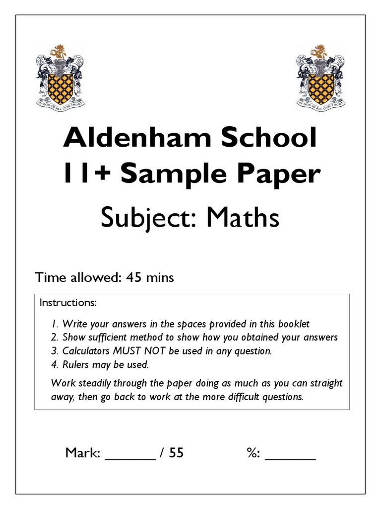 Aldenham School 11 Plus Maths Sample Paper For 2022 Entry | PDF ...