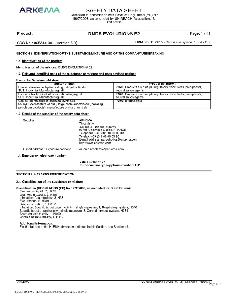 Dimethyldisulfide SDS | Download Free PDF | Toxicity | Water