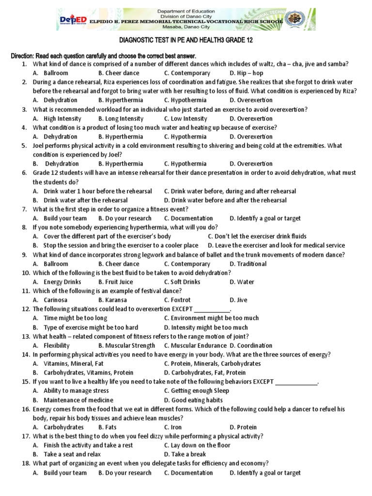 Diagnostic Test Grade 12 | PDF | Physical Fitness | Dances