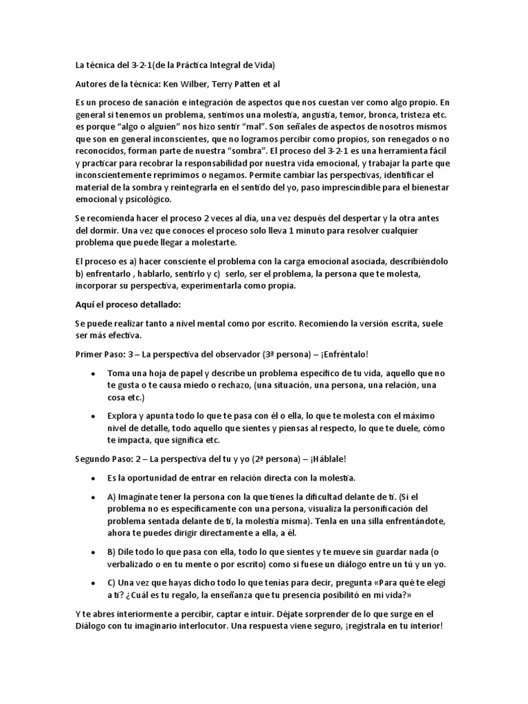 Técnica 3-2-1: Integración Emocional | PDF | Las emociones | Conceptos psicologicos