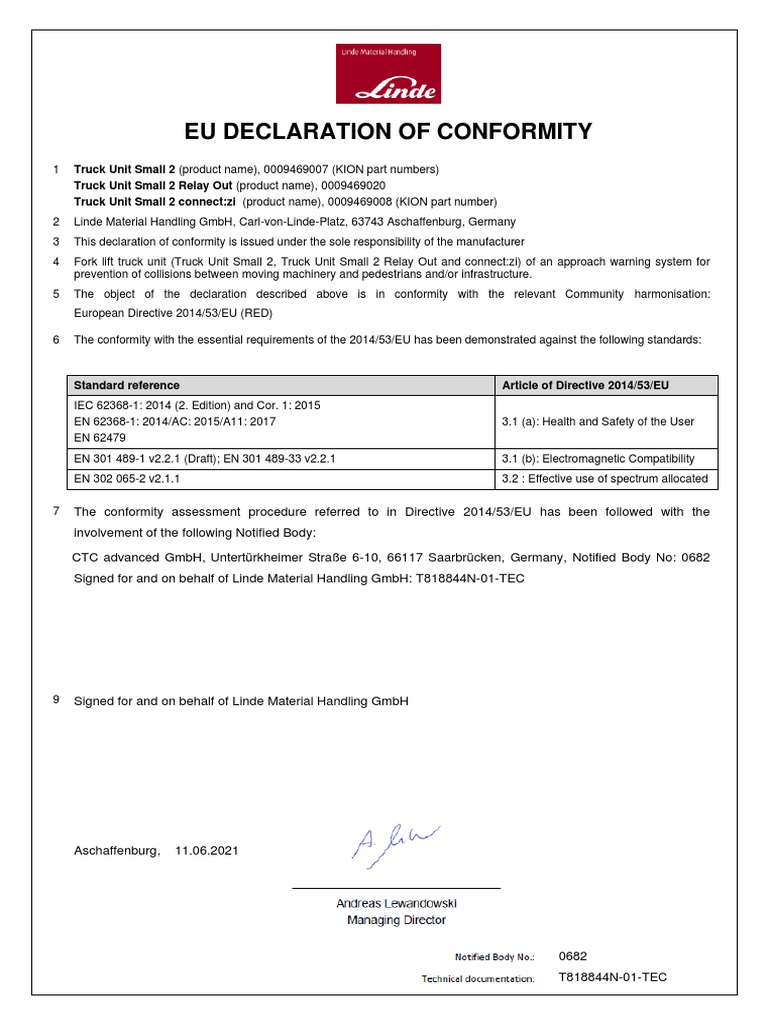 Declaration of Conformity Truck-Unit-Small-2-zi 0009469007 08 20 Linde ...