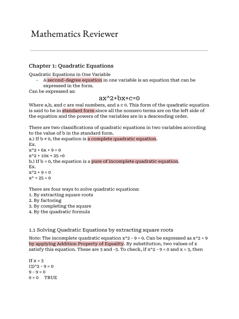 Mathematics Reviewer | PDF | Quadratic Equation | Equations