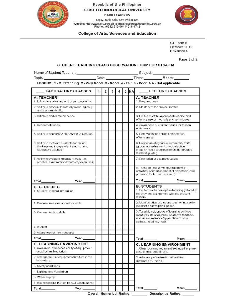 ST FORM 6 ST Class Observation Form Use This Instead of The CHECKLIST | PDF