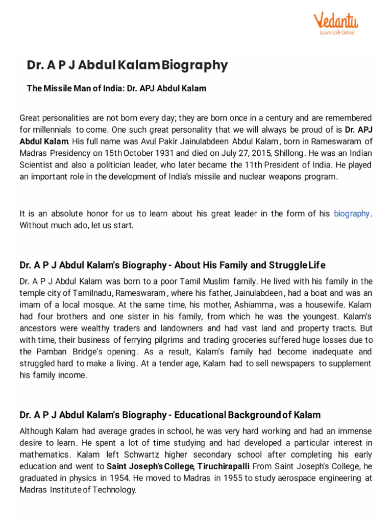 Dr A P J Abdul Kalam Biography Pdf