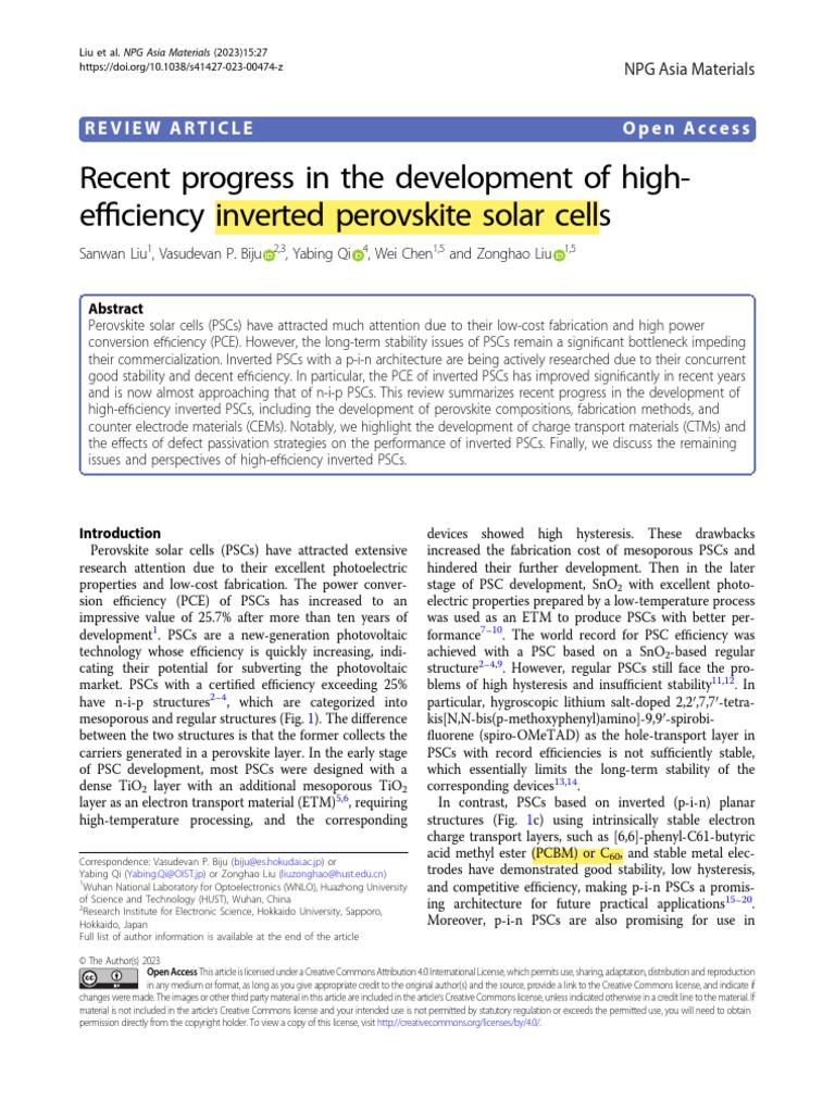 Recent Progress in The Development of High-Efficiency Inverted Perovskite Solar Cells | PDF ...