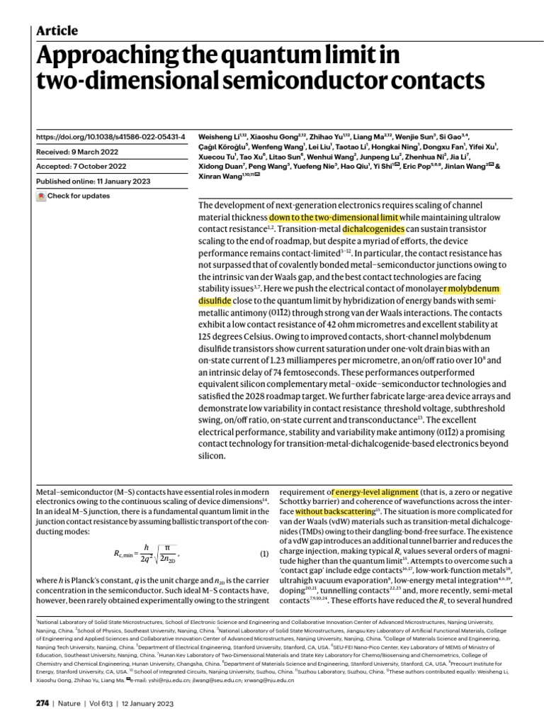 Nature Approaching the Quantum Limit in Two-dimensional Semiconductor Contacts | PDF ...