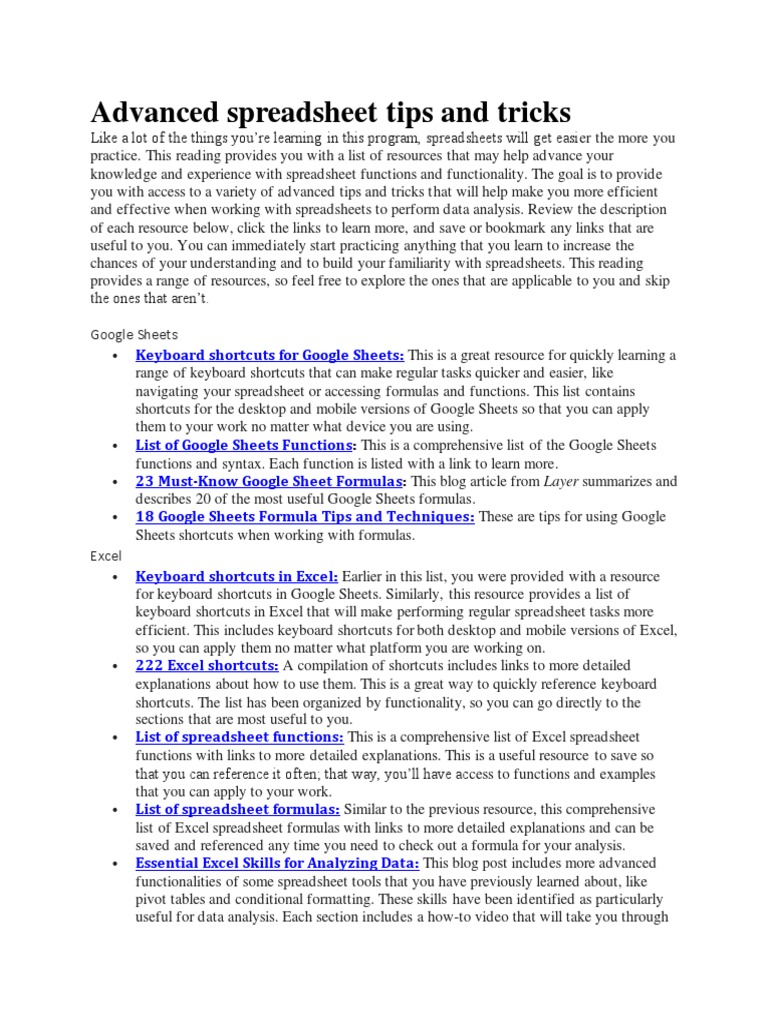 Advanced Spreadsheet Tips and Tricks | PDF | Microsoft Excel | Spreadsheet