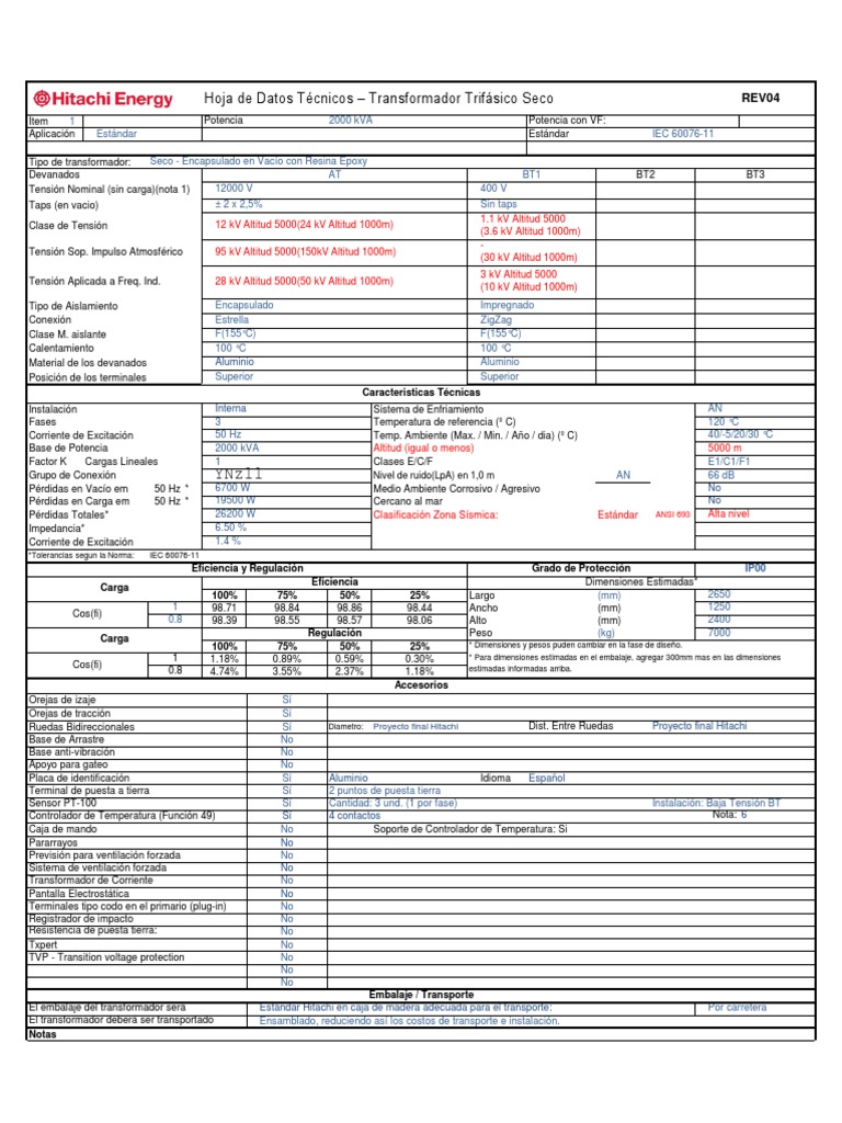 FD 2000kva Rev04 Es - Eng Final | PDF | Transformador | Ingenieria Eléctrica