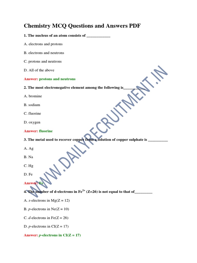Chemistry MCQ Questions and Answers PDF | PDF | Acid | Mole (Unit)