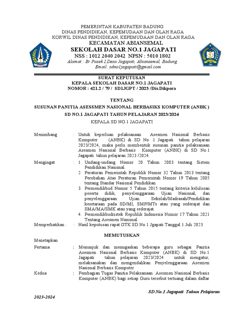 SK Panitia Anbk SD No.1 Jagapati 2023 | PDF