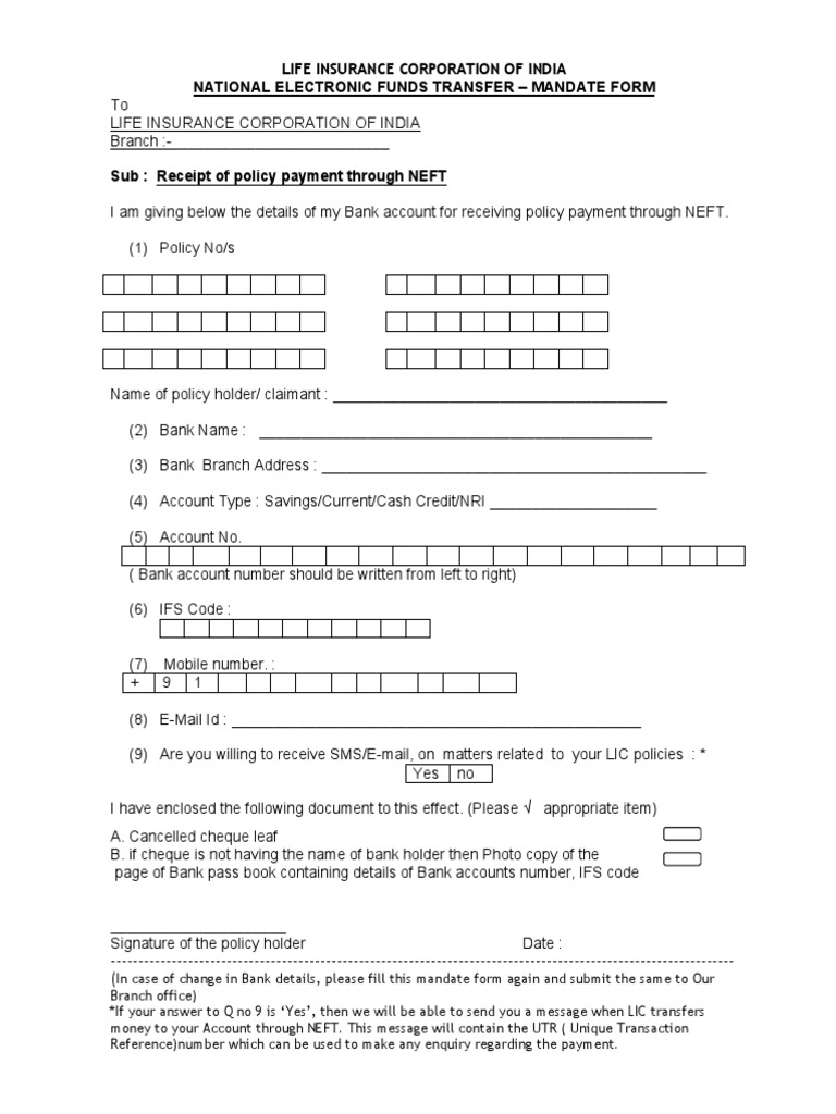 Neft Mandate Form Format | PDF