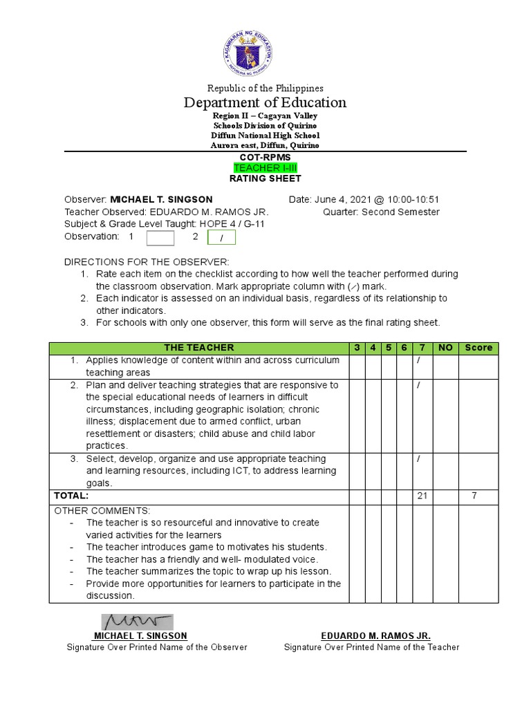 Cot Eduardo T 2 Autosaved | PDF | Teachers | Learning